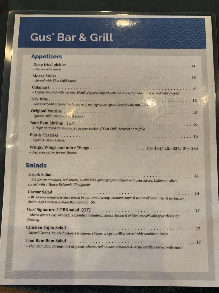 Menu at Gus's Pub, Port McNeill