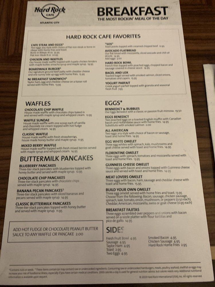 Menu at Hard Rock Cafe, Atlantic City, Boardwalk