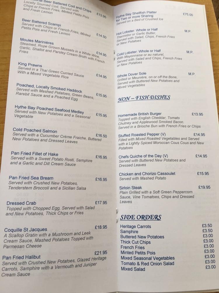 Menu at Hythe Bay restaurant, Dover