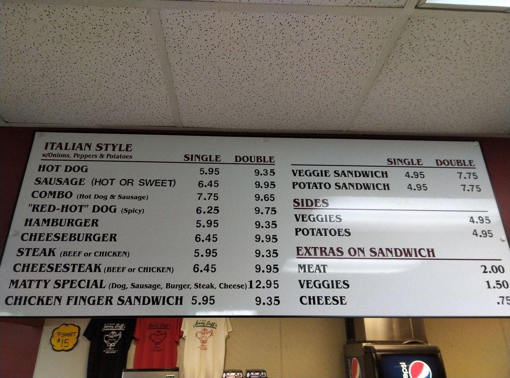 Menu at Jimmy Buff's Italian Hot Dogs restaurant, Kenilworth