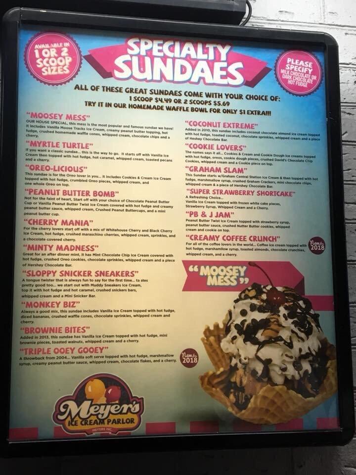 Menu at Meyer's Ice Cream Parlor restaurant, Surfside Beach