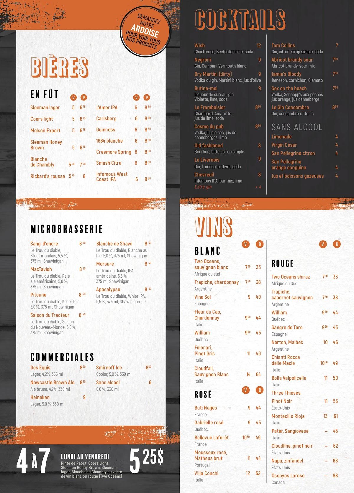 Menu au Pub du Parvis, Québec