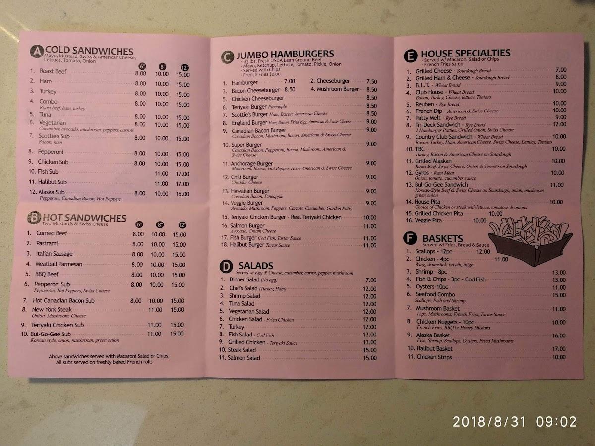 Menu at Scottie's Sub Shop fast food, Anchorage