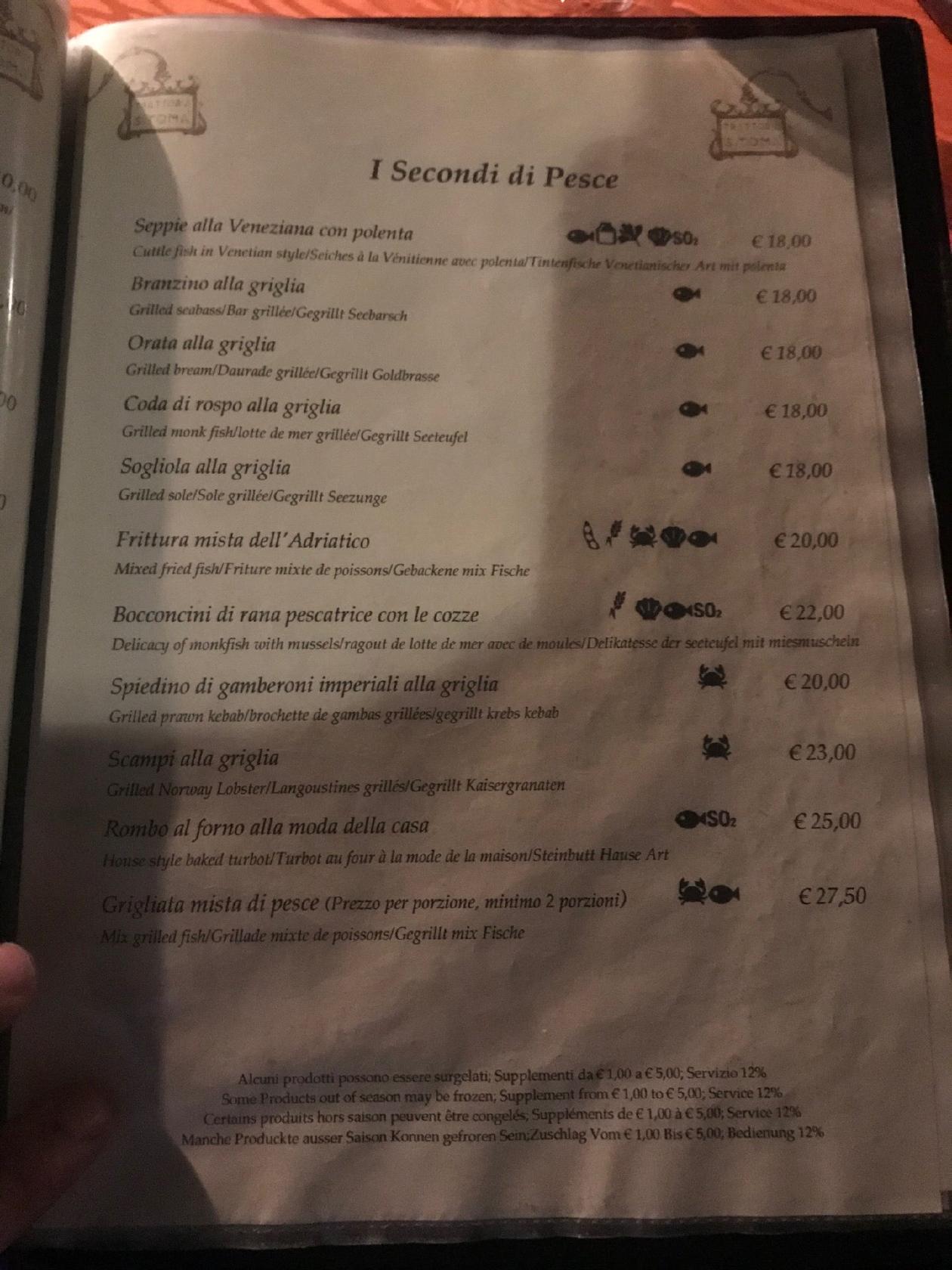 Menu at Trattoria Pizzeria San Toma', Venice, S. Polo