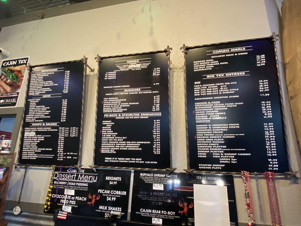 Menu at Cajun Tex Marshall restaurant, Marshall, 104 W Grand Ave