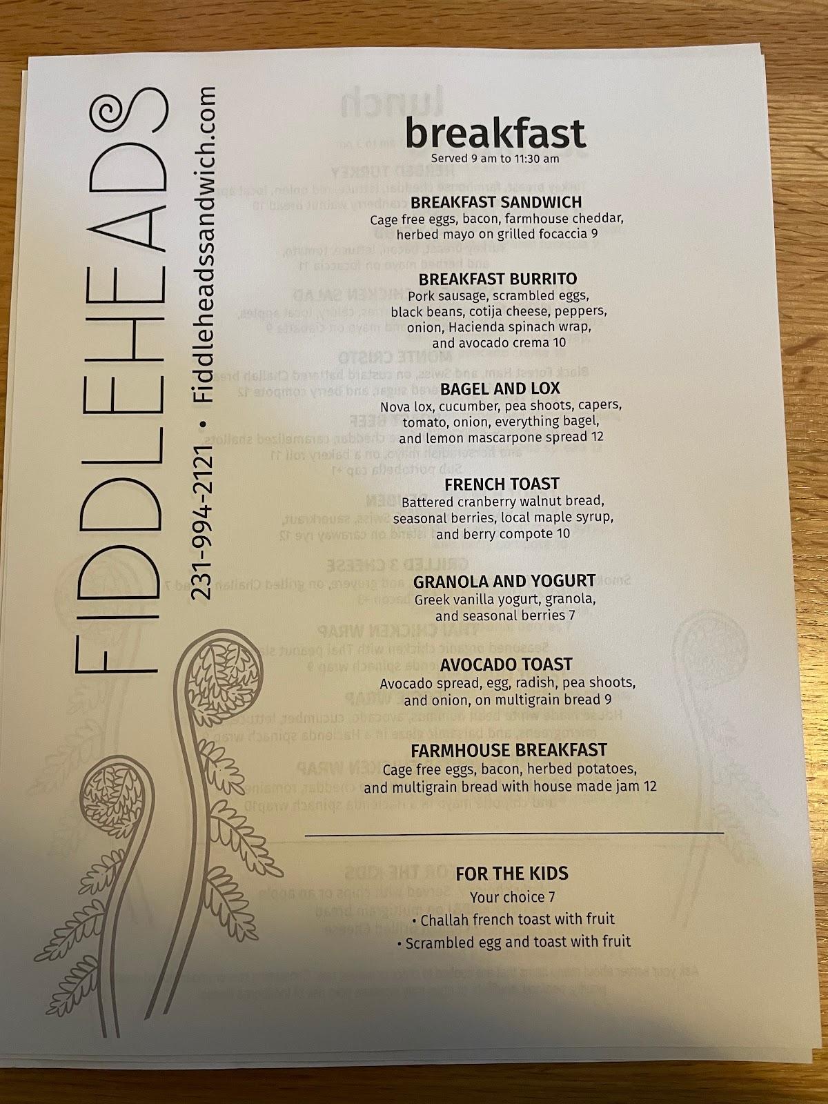 Menu at Fiddleheads Sandwich Shop restaurant, Lake Leelanau