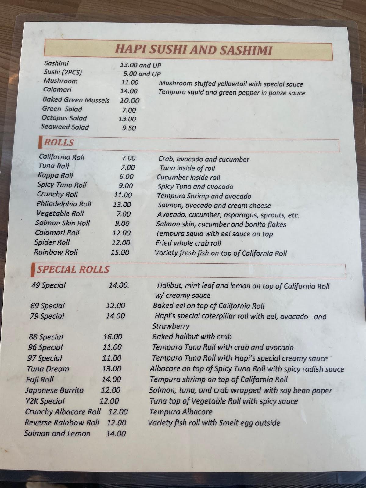 Menu at Hapi Sushi of Laguna restaurant, Laguna Beach