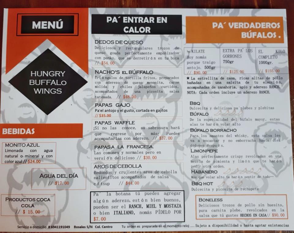 Menu at Hungry Buffalo Wings restaurant, El Rosario