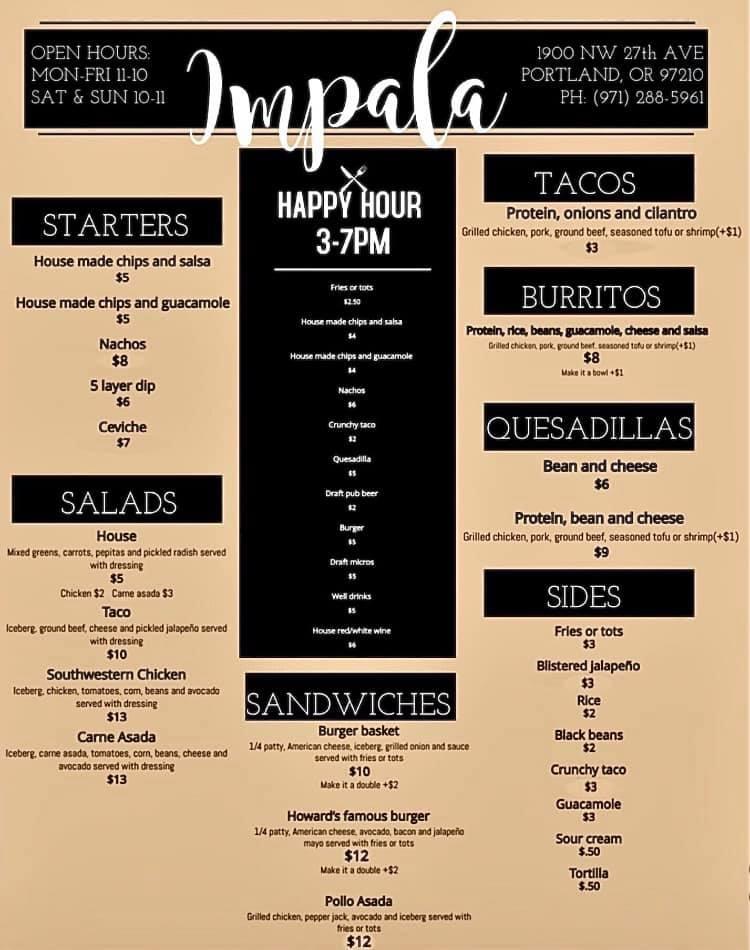 Menu at Impala Bar & Grill, Portland