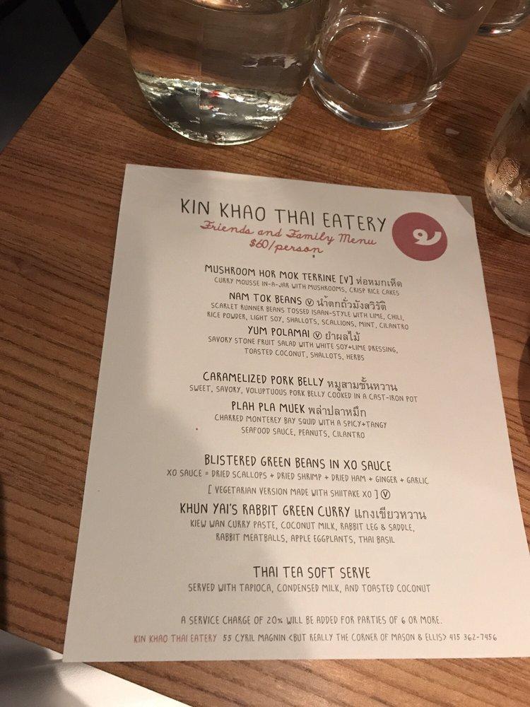 Menu at Kin Khao restaurant, San Francisco