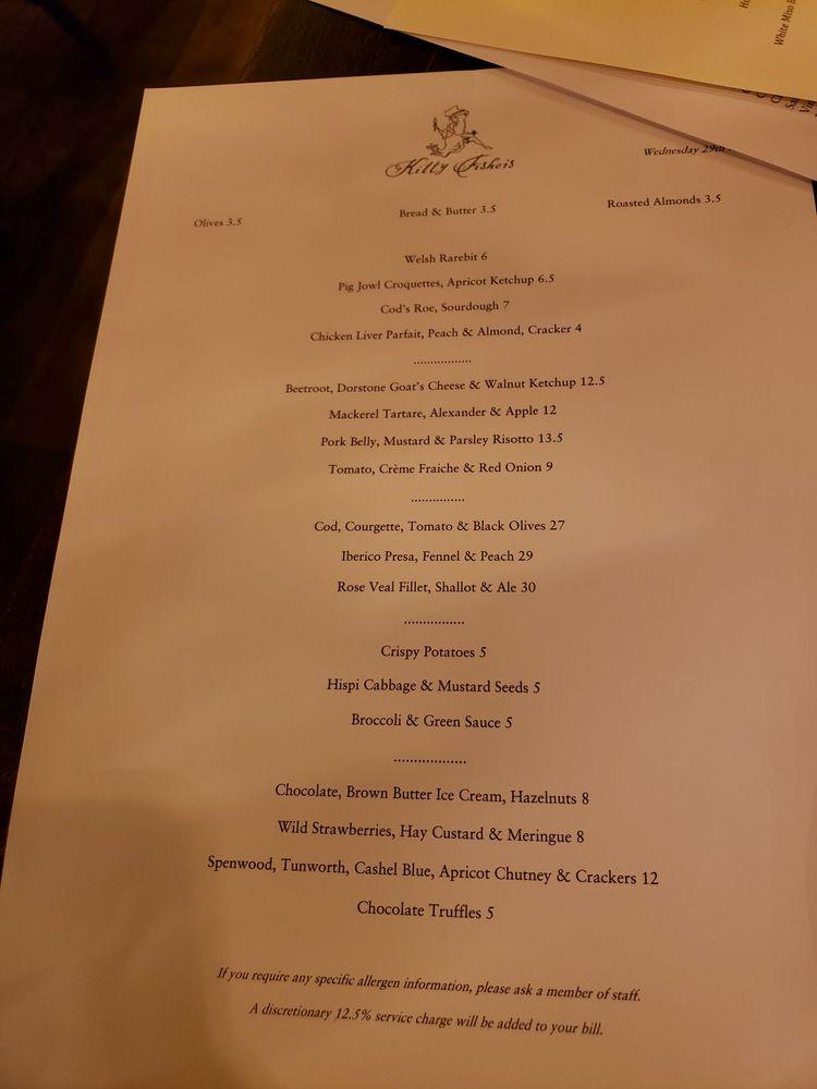 Menu at Kitty Fisher's Mayfair restaurant, London