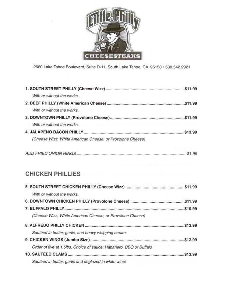 Menu at Little Philly Cheesesteaks restaurant, South Lake Tahoe