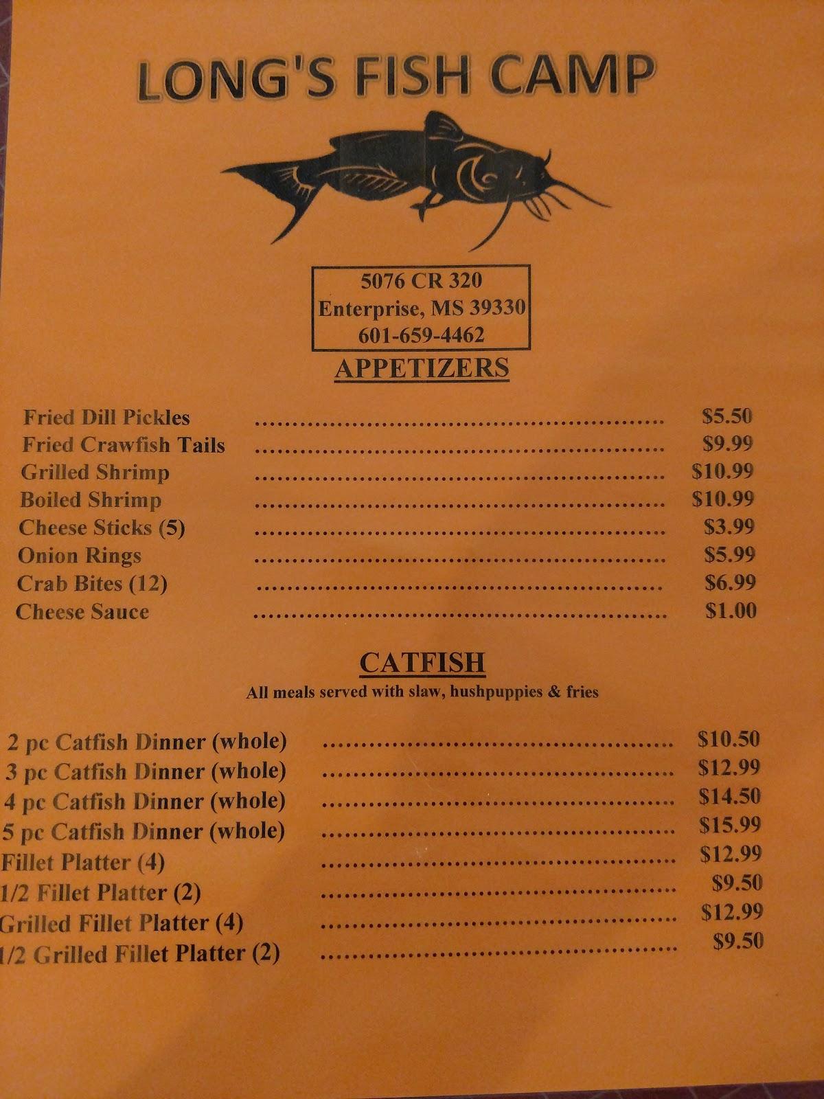 Menu at Long's Fish Camp restaurant, Enterprise