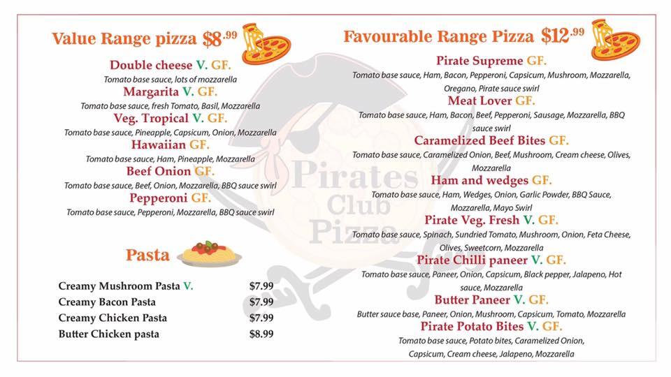 Menu at Pirate Pizza restaurant, Raglan