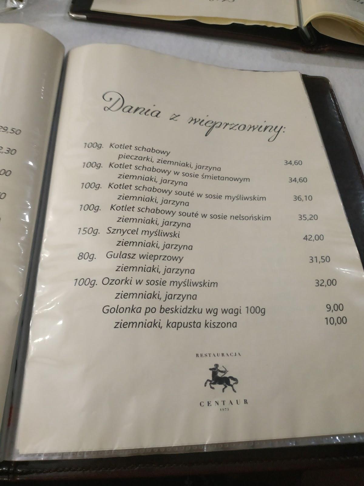 Menu at Restauracja Centaur restaurant, Katowice