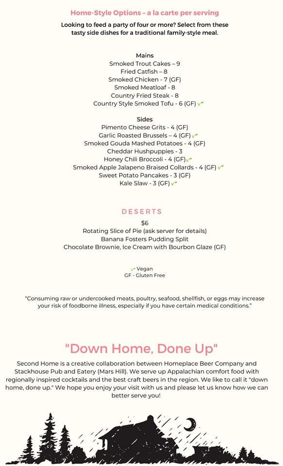 Menu at Second Home restaurant, Burnsville