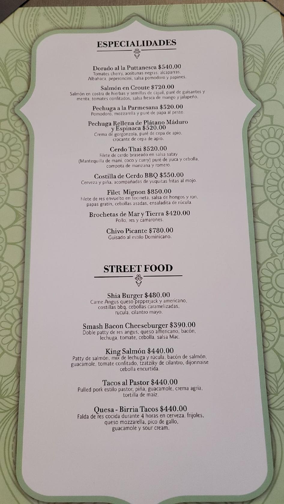 Menu at Shia Restaurant, La Vega