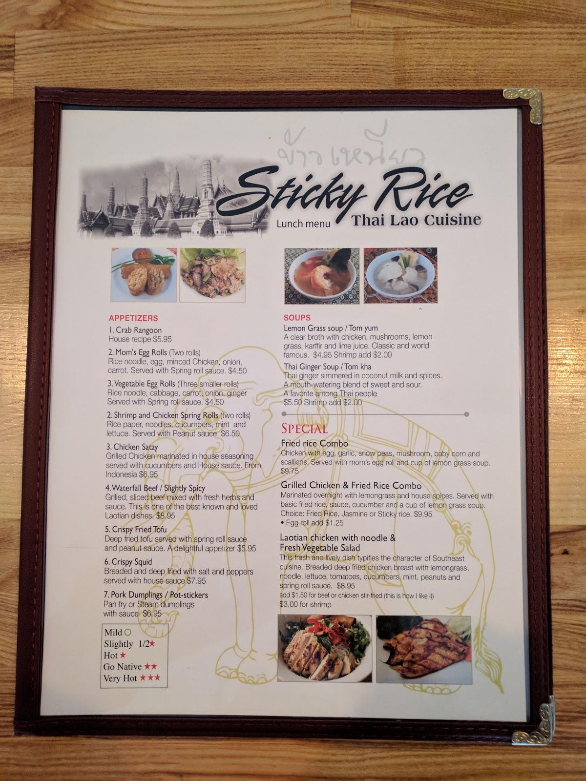 Menu at Sticky Rice Thai restaurant, Racine, 203 6th St
