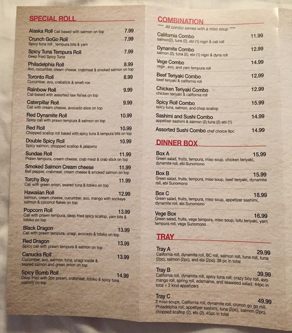 Menu at Sushi Waa restaurant, Nanaimo