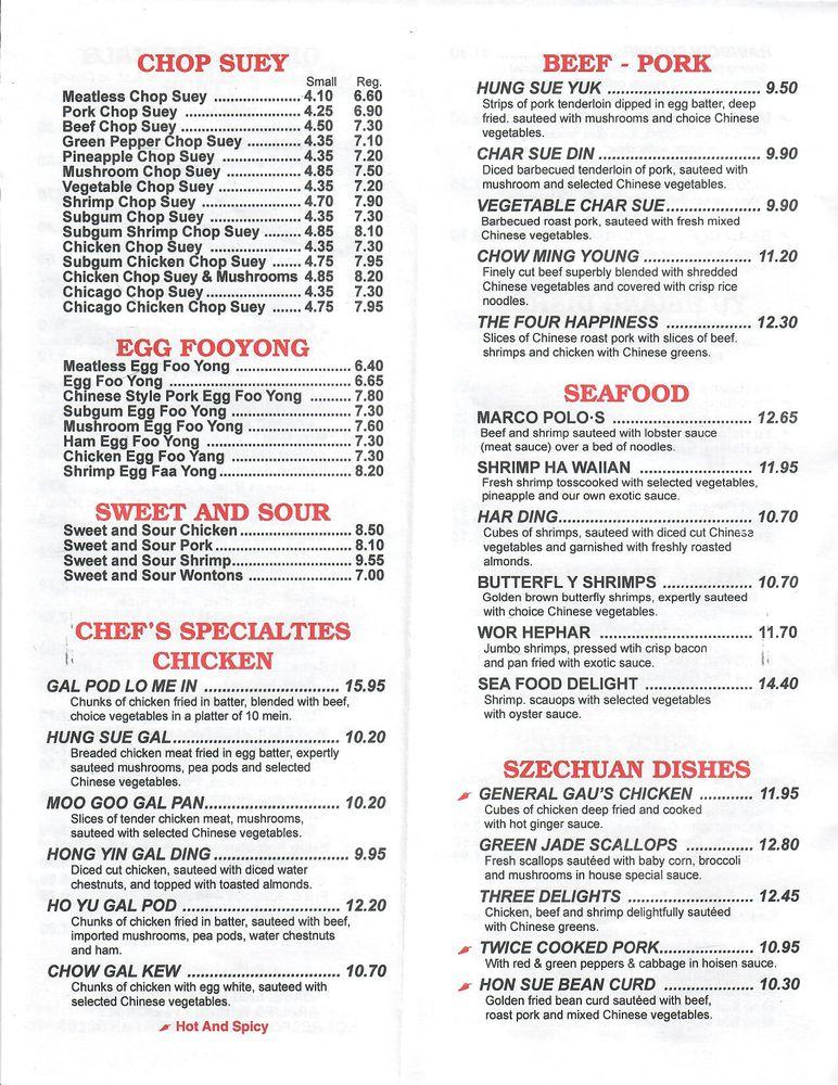 Menu at Yee's Village restaurant, Townsend, 350 Main St