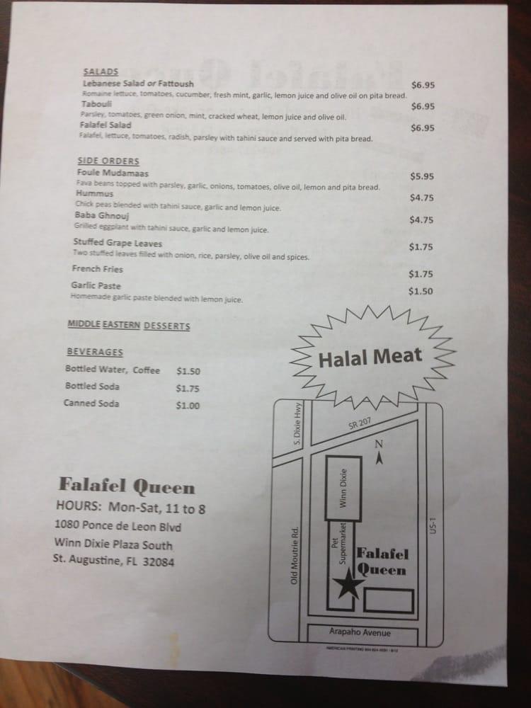 Menu at Falafel Queen restaurant, St. Augustine