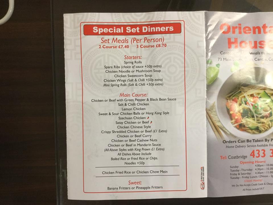 Menu at Oriental House fast food, Coatbridge, 73 Main St