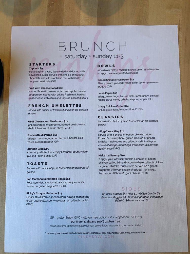 Menu at Pinky's restaurant, Richmond