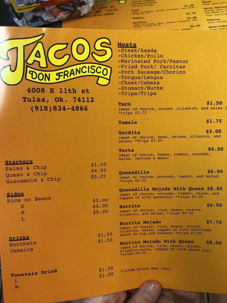 Menu at Tacos Don Francisco restaurant, Tulsa, E 11th St