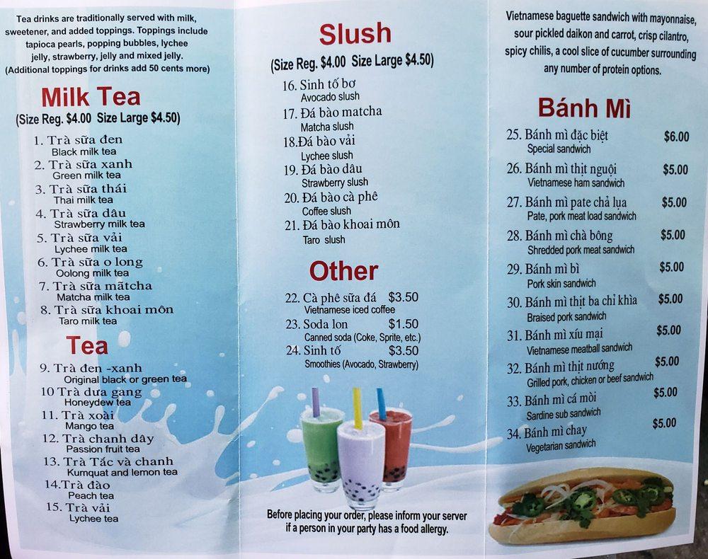Menu at Banh mi & bubble tea restaurant, Cranston