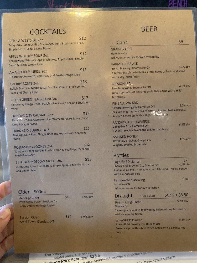 Menu at Betula restaurant, Hamilton