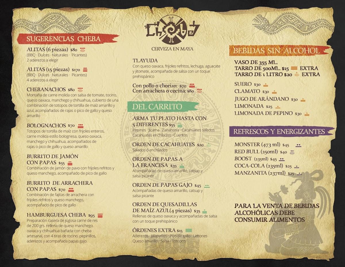 Menu at CHEBA pub & bar, Mexico
