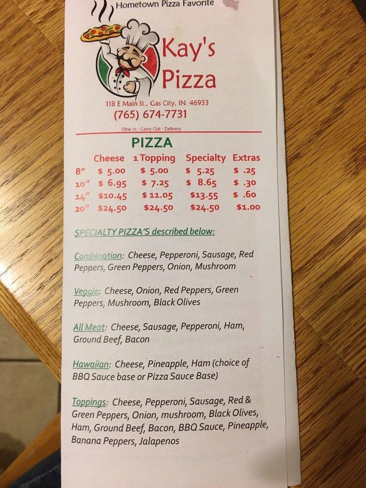 Menu at Kay's Pizza pizzeria, Gas City