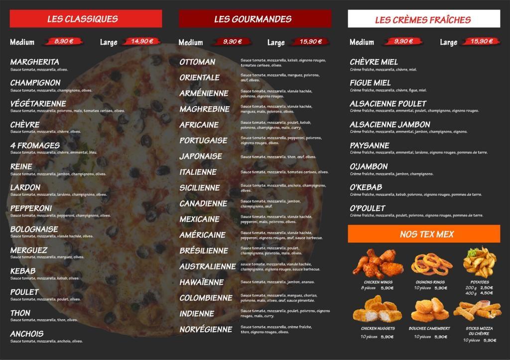 Menu at O'Pizza restaurant, Colmar