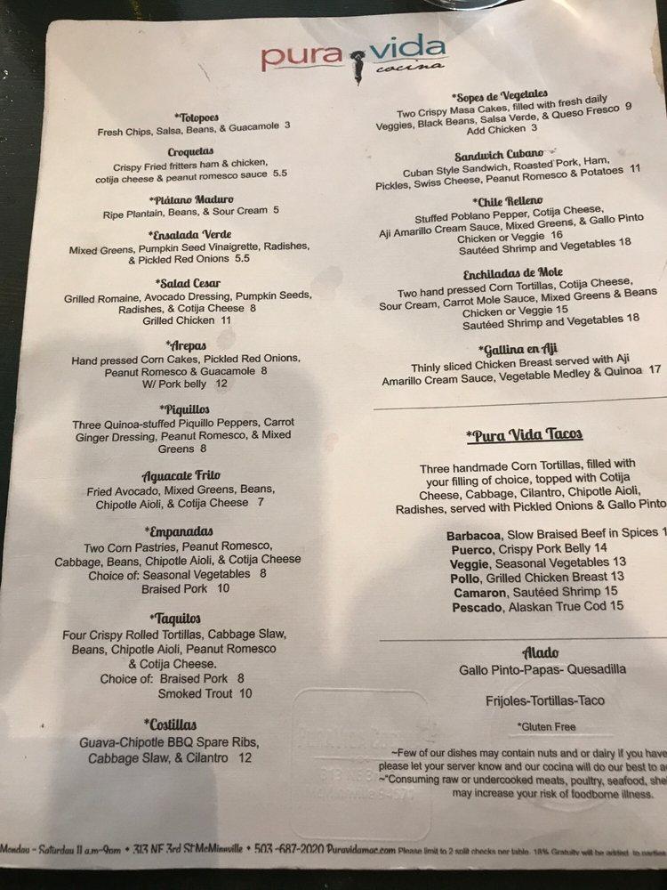 Menu at Pura Vida Cocina restaurant, McMinnville