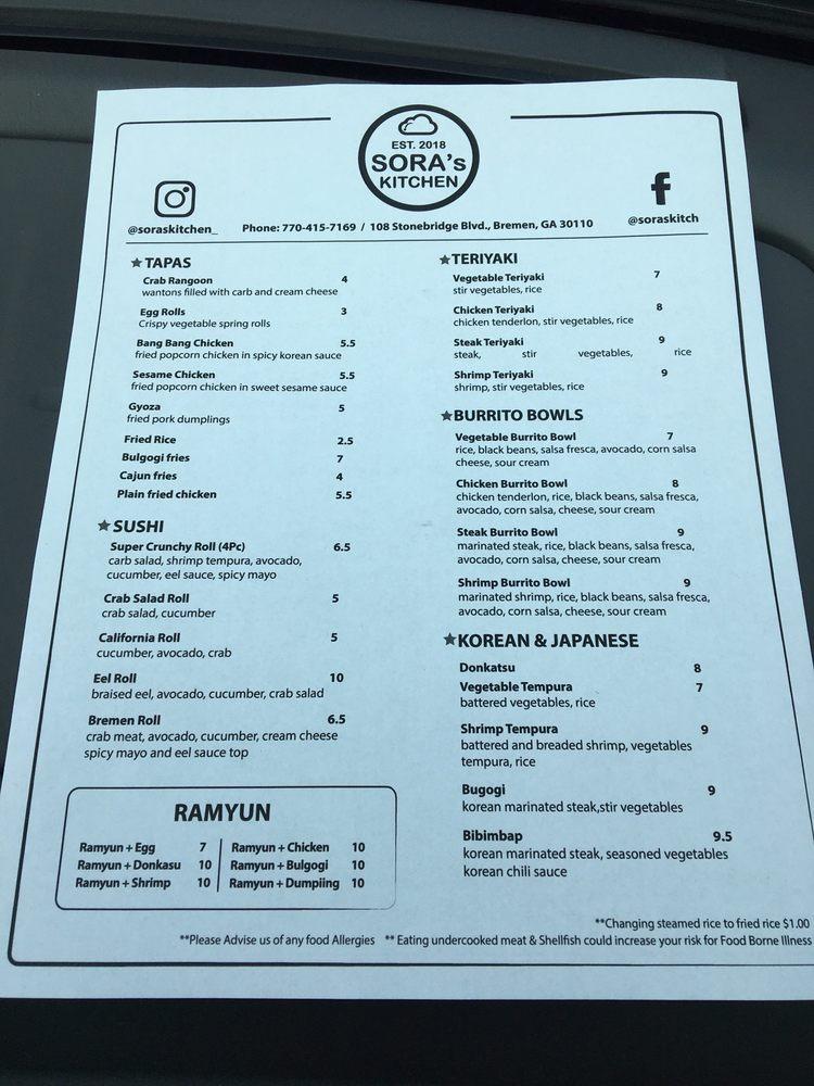Menu at Sora’s Kitchen restaurant, Bremen