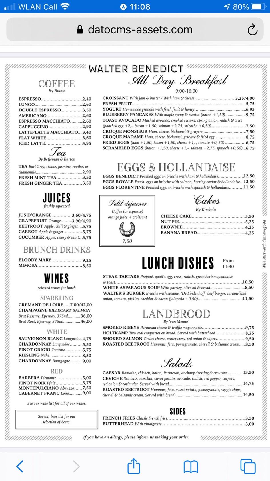Menu at Walter Benedict, The Hague