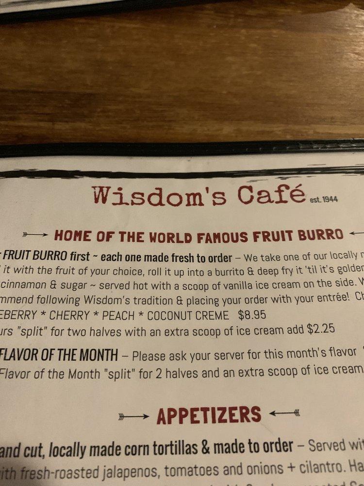 Menu at Wisdom's Cafe, Tumacacori-Carmen