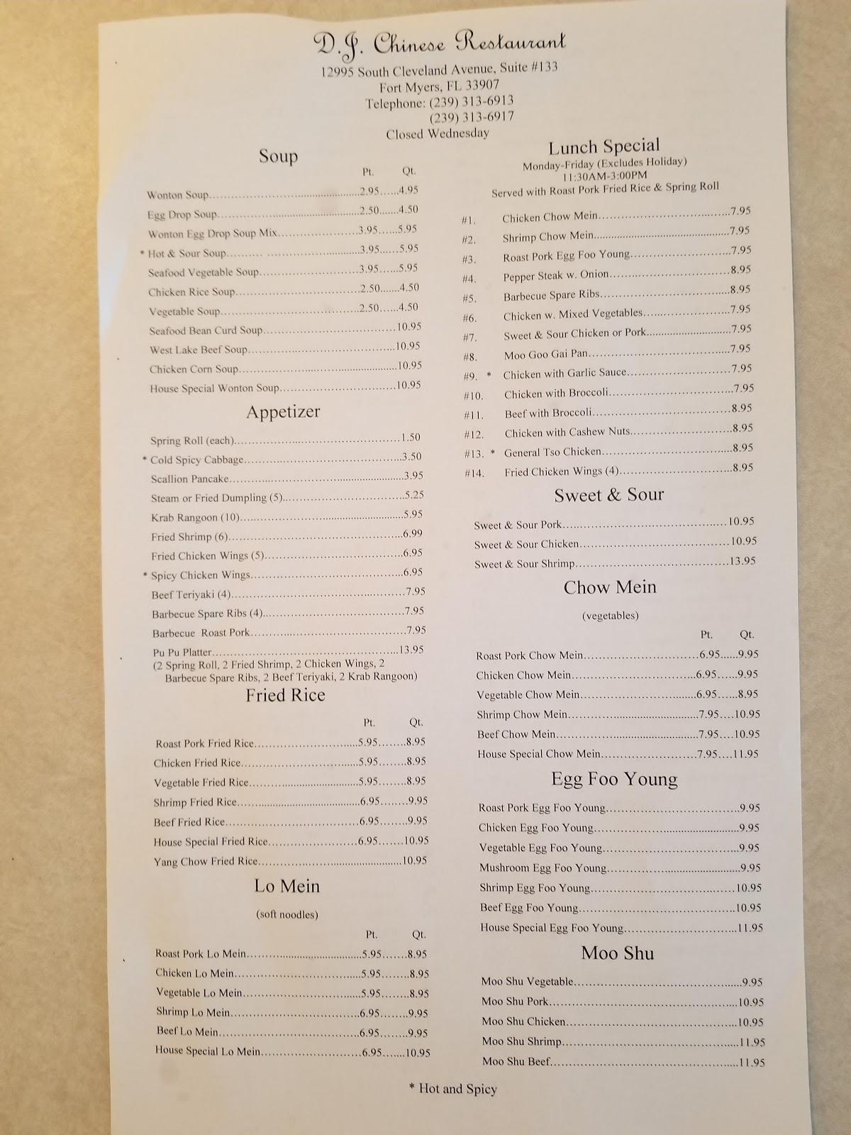 Menu at DJ Chinese Garden restaurant, Fort Myers