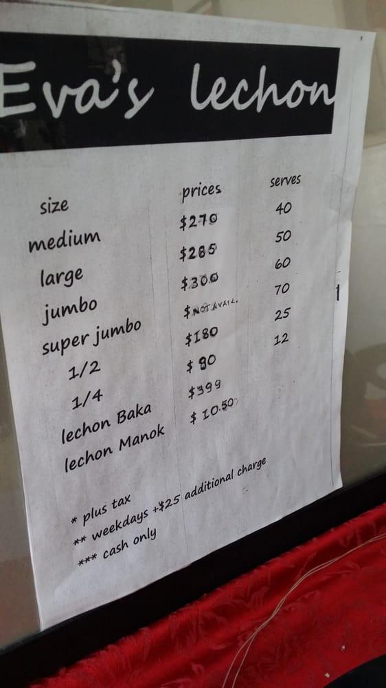 Menu at Eva's Lechon & Deli restaurant, Los Angeles