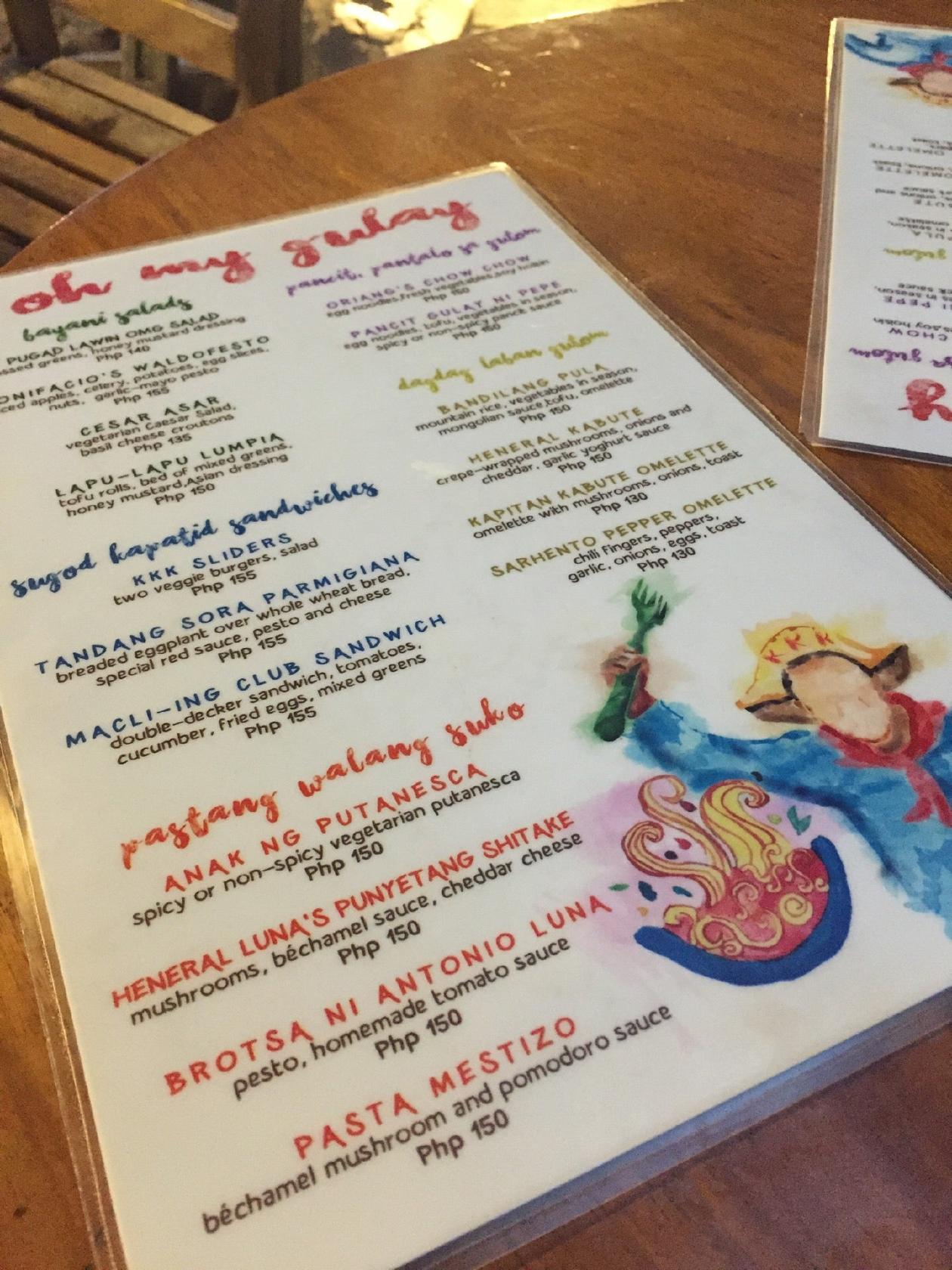 Menu at Oh My Gulay restaurant, Baguio