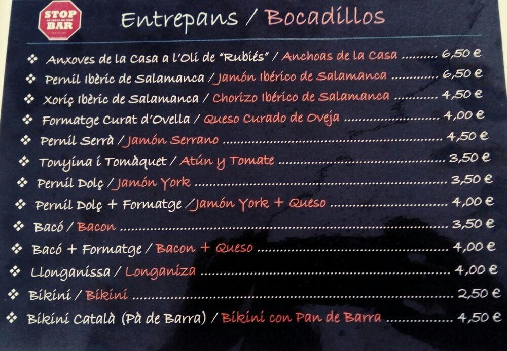 Menu at Stop Bar, La Selva de Mar