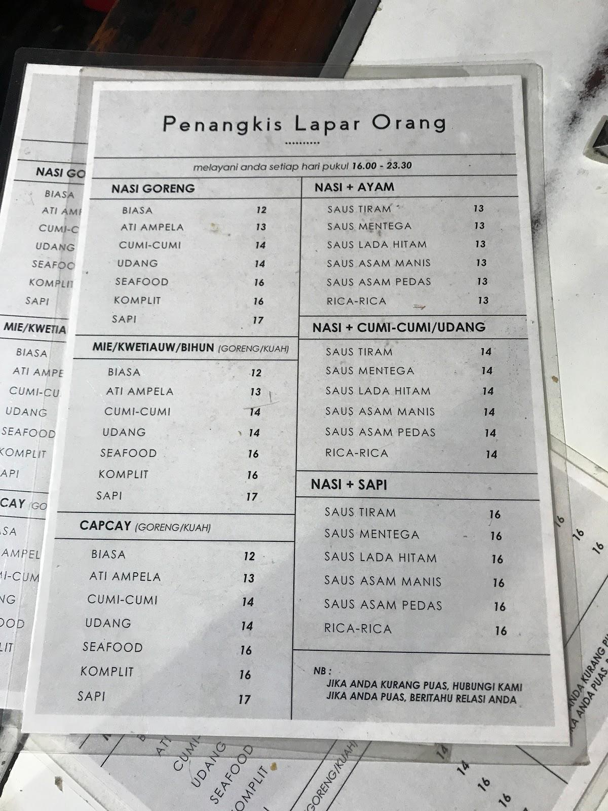 Menu at Warung PLO (Penangkis Lapar Orang) restaurant, Bandung