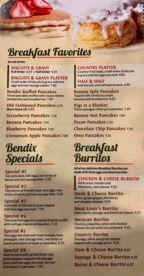 Menu at Bendix Restaurant Family Dining, South Bend, W Western Ave