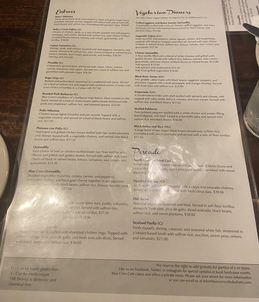 Menu at Blue Corn Cafe, Durham
