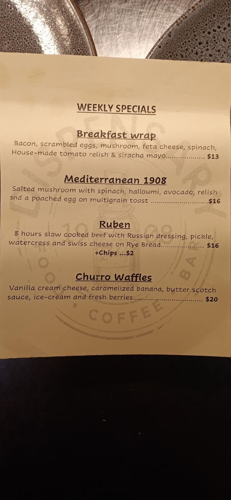 Menu at Dispensary 1908 cafe, Glebe
