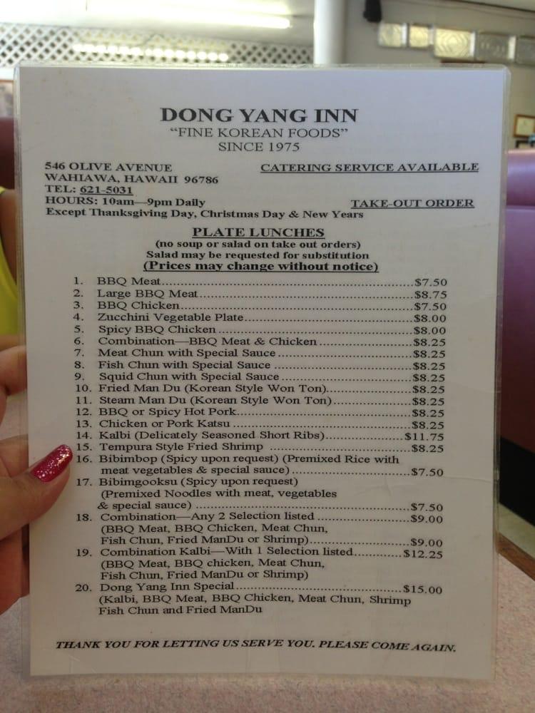 Menu at Dong Yang Inn restaurant, Wahiawa