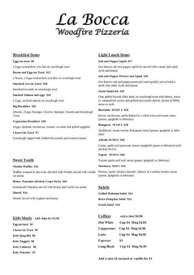 Menu at La Bocca Woodfire Pizzeria and Restaurant, Budgewoi