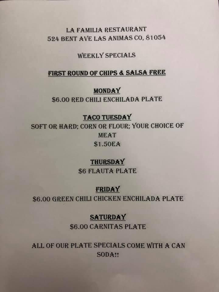 Menu at La Familia Restaurant, Las Animas