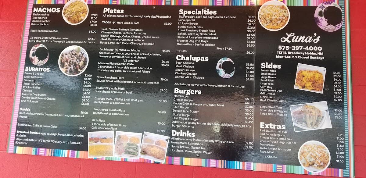 Menu at Lunas Drive Inn restaurant, Hobbs