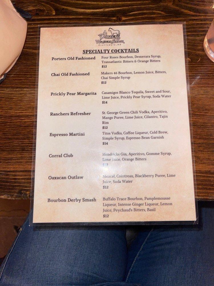Menu at Porters Western Saloon pub & bar, Scottsdale